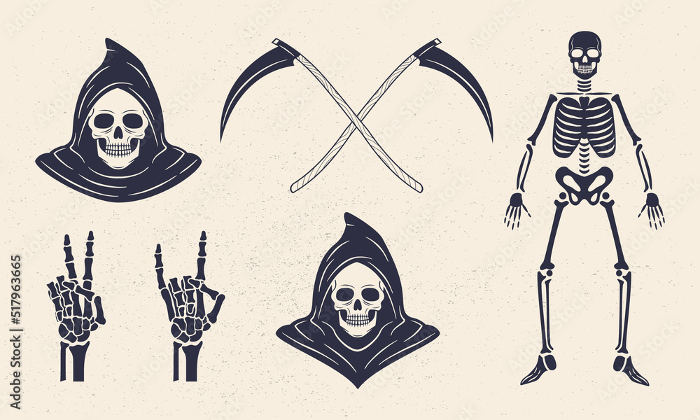 Vintage Grim Reaper, Death icons set. Halloween elements. Skeleton ...