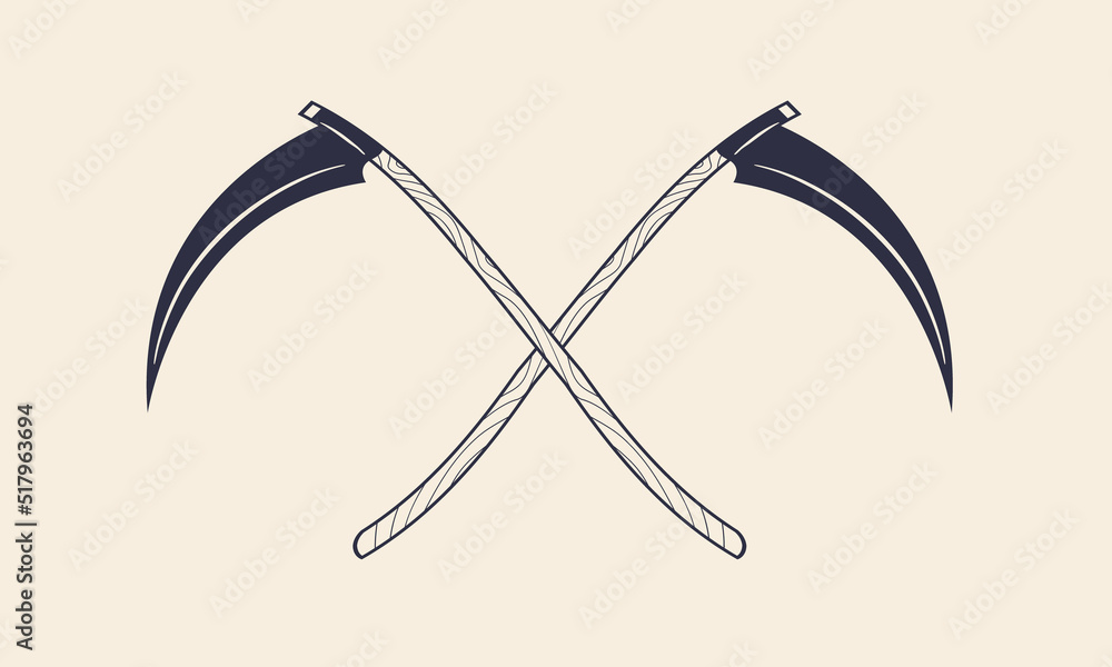 Vintage Scythes silhouettes isolated on white background with grunge ...