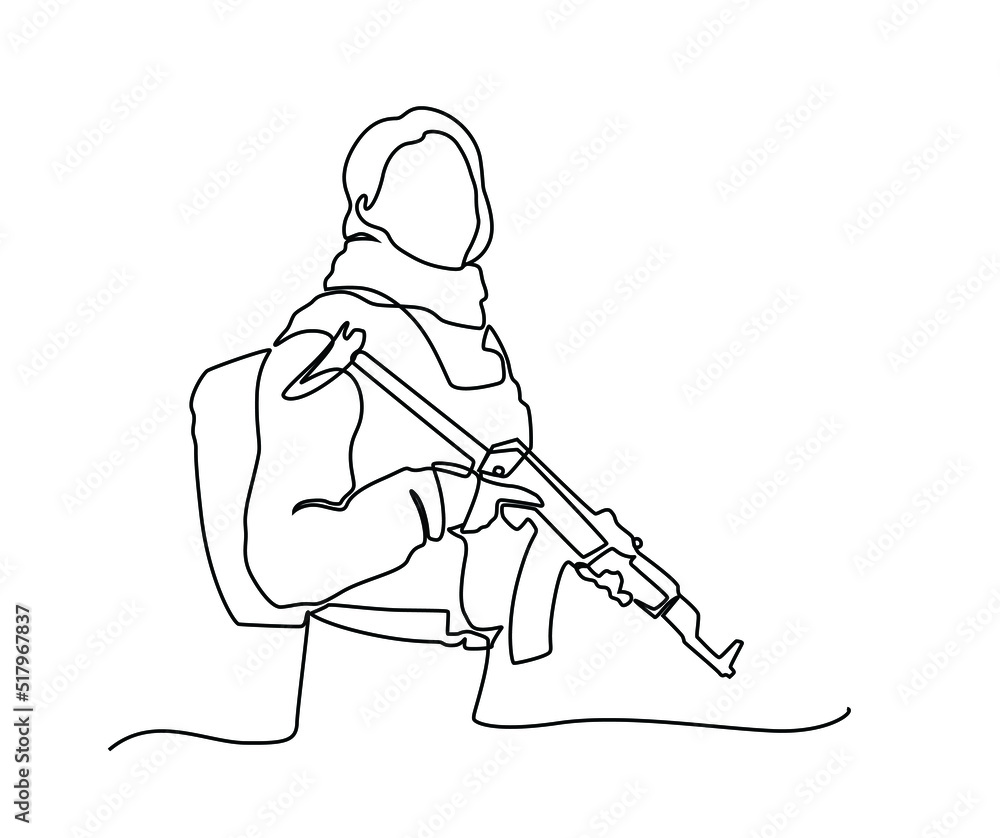 Continuous one line drawing Woman in military clothes with a weapon ...