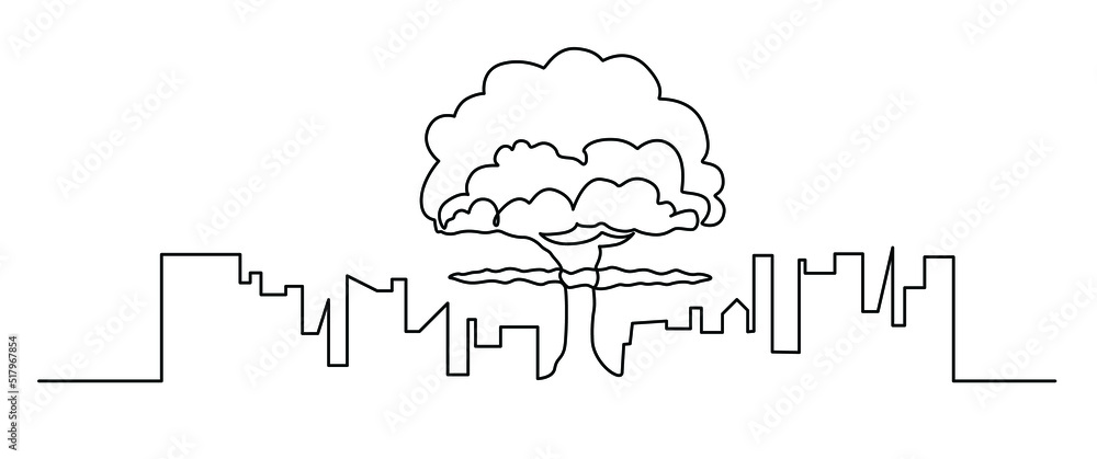 Explosion nuclear bomb in city. Nuclear war. One line drawing of a ...