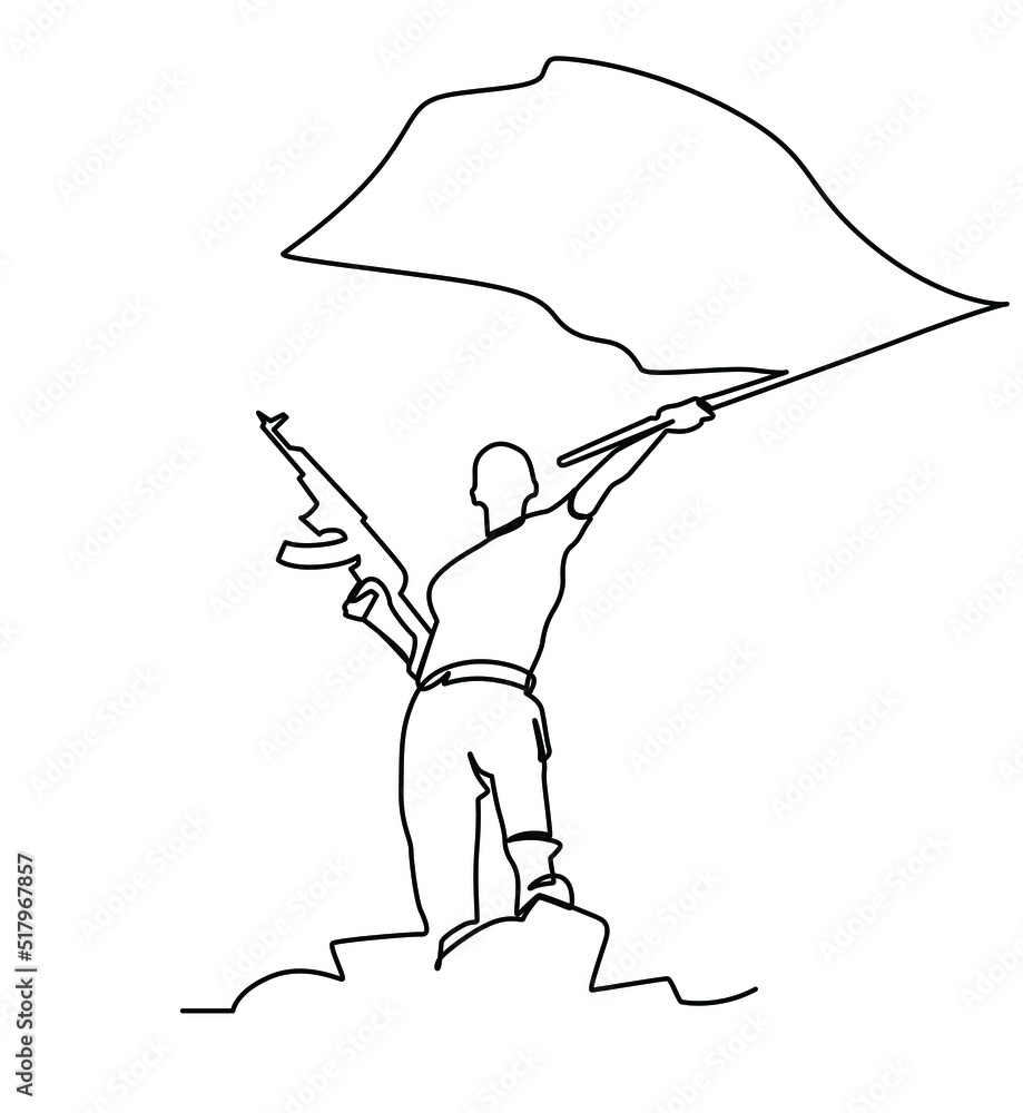 Continuous one line drawing of patriot man holding a national flag and ...