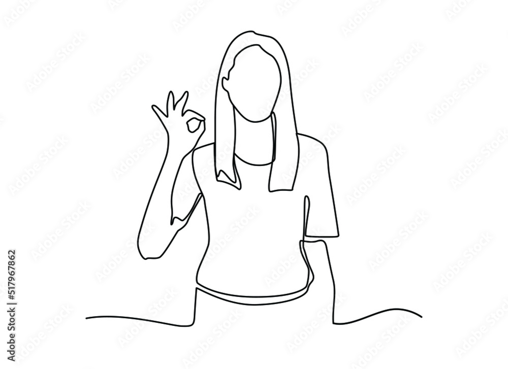 Single continuous line drawing woman in casual clothes gesturing ok ...