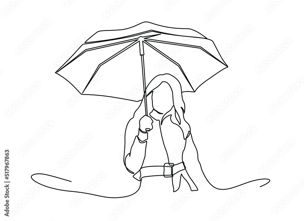 Continuous one line drawing of woman holding umbrella. Continuous Line ...