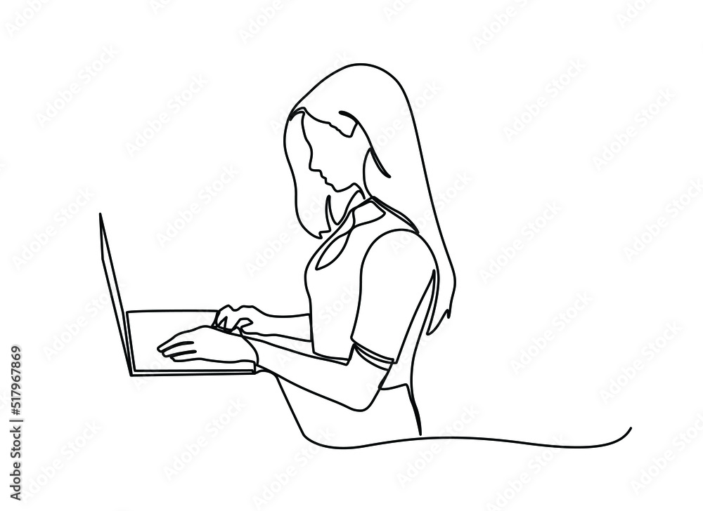One line woman writing and study with help laptop.Continuous one line ...