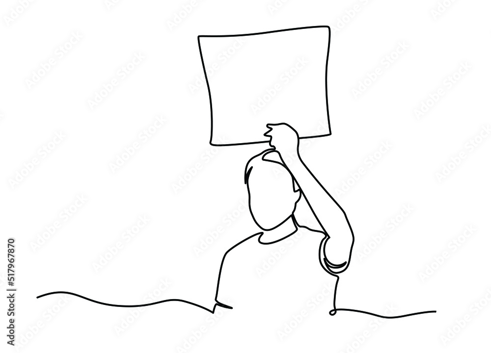 One continuous line drawing of a protester. A standing man in ...