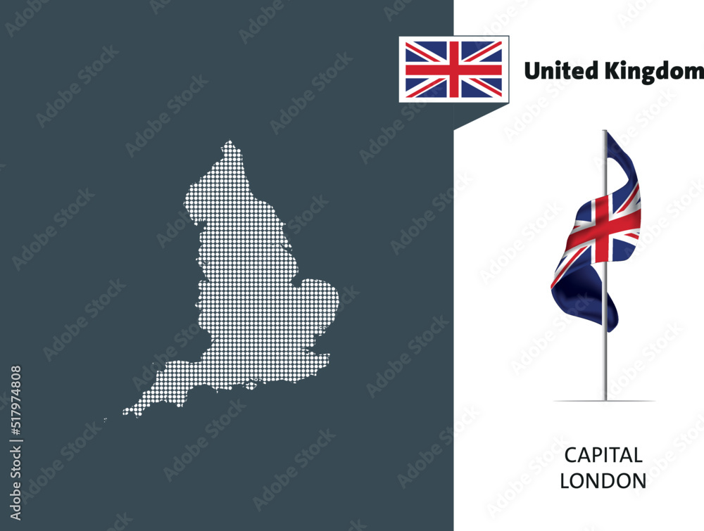 Flag of the United Kingdom on white background. Dotted map of the ...