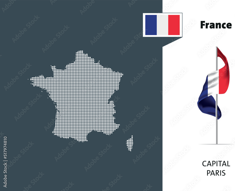 Flag of France on white background. Dotted map of France with Capital ...