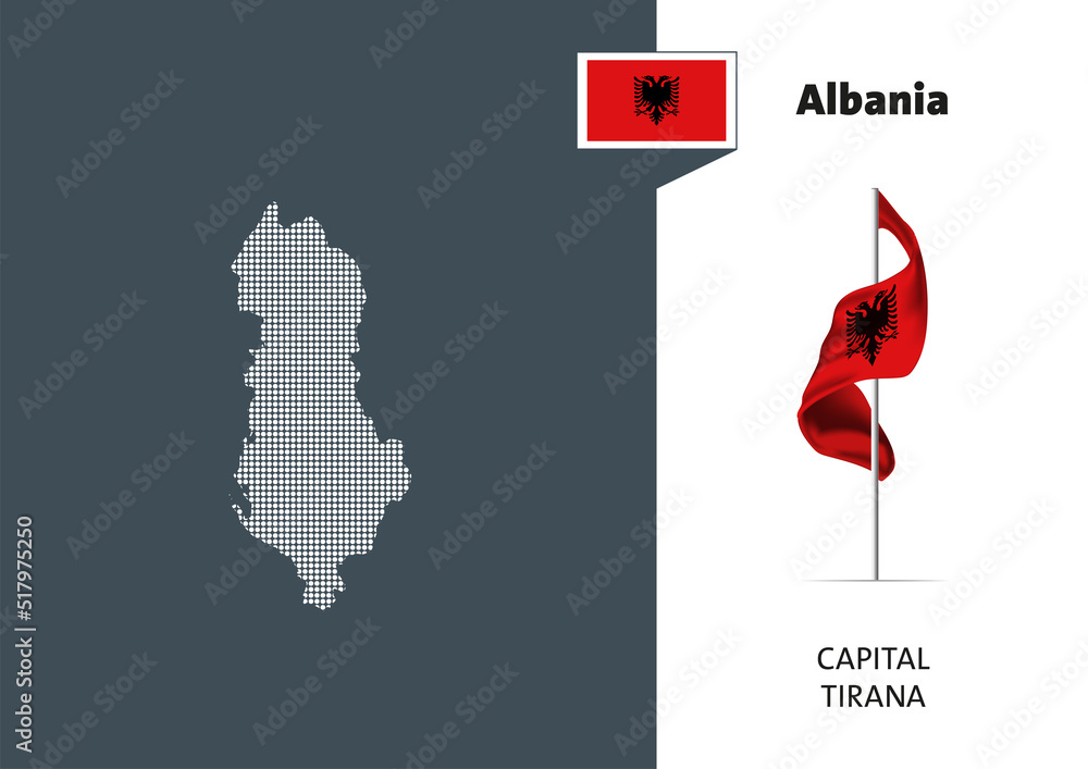 Flag of Albania on white background. Dotted map of Albania with Capital ...