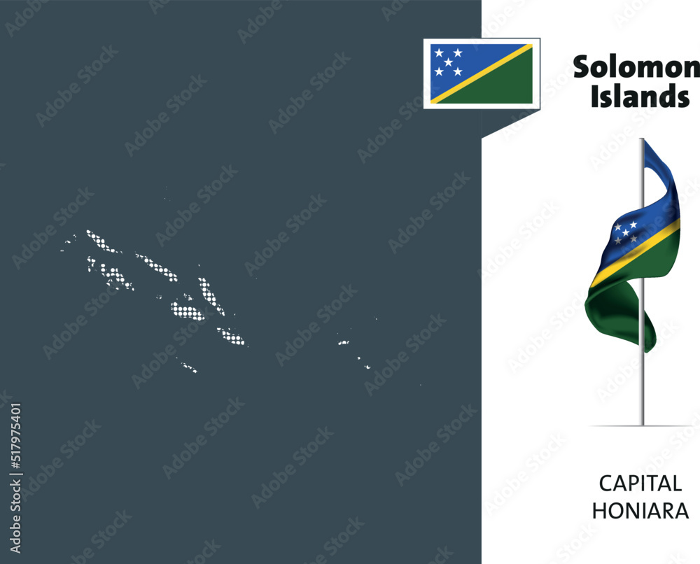 Flag of the Solomon Islands on white background. Dotted map of the ...