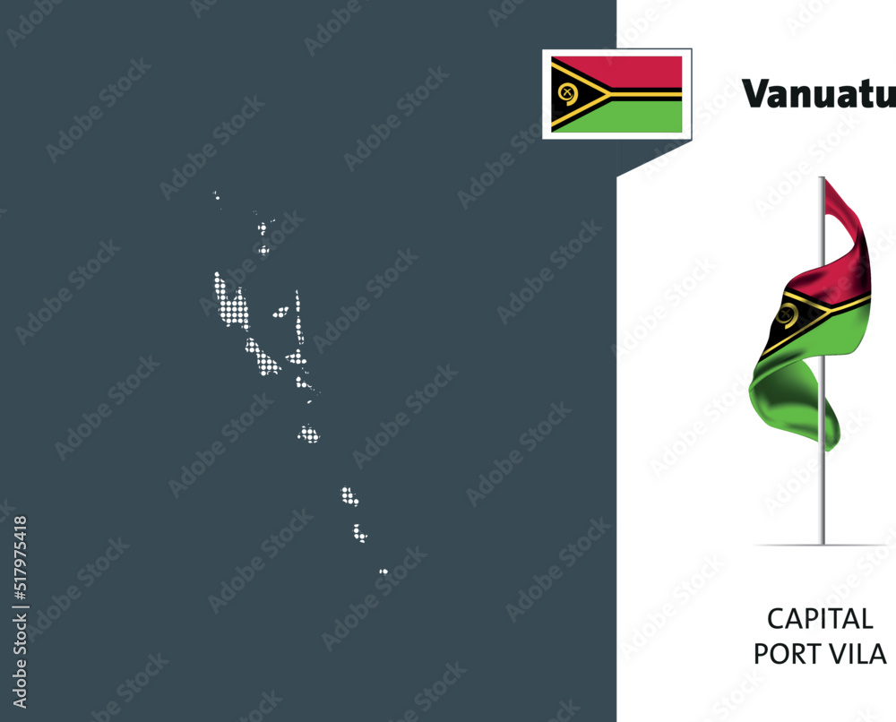 Flag of Vanuatu on white background. Dotted map of Vanuatu with Capital ...