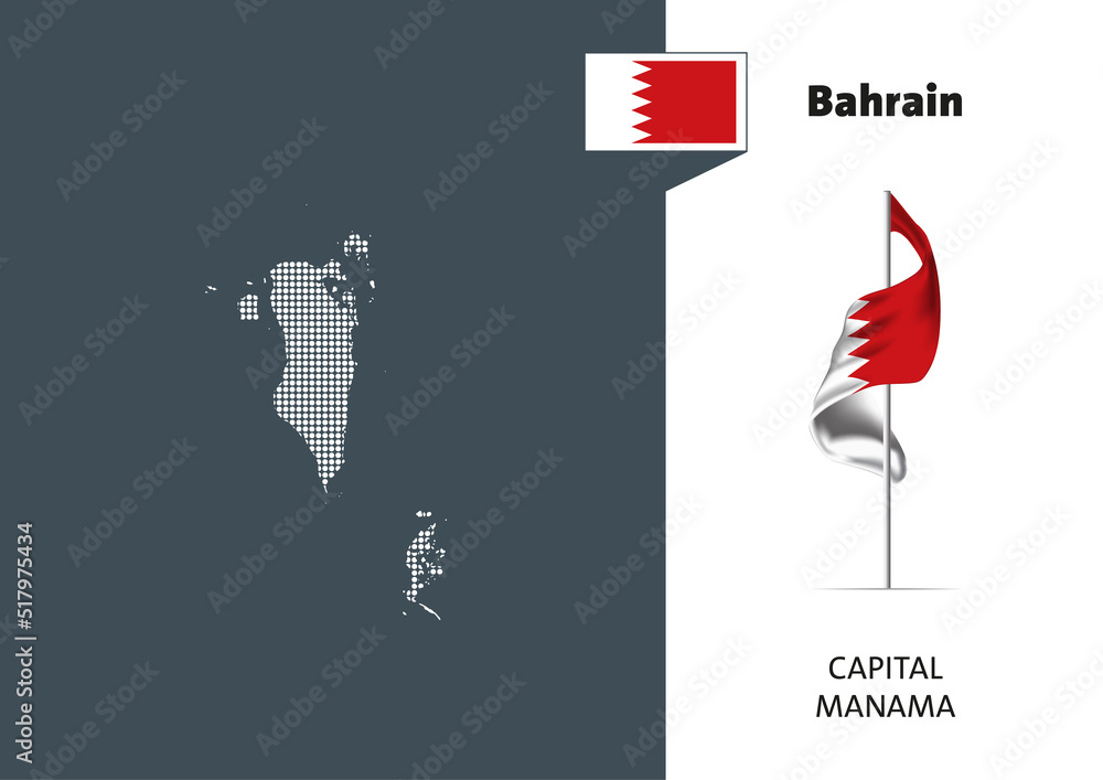 Flag of Bahrain on white background. Dotted map of Bahrain with Capital ...