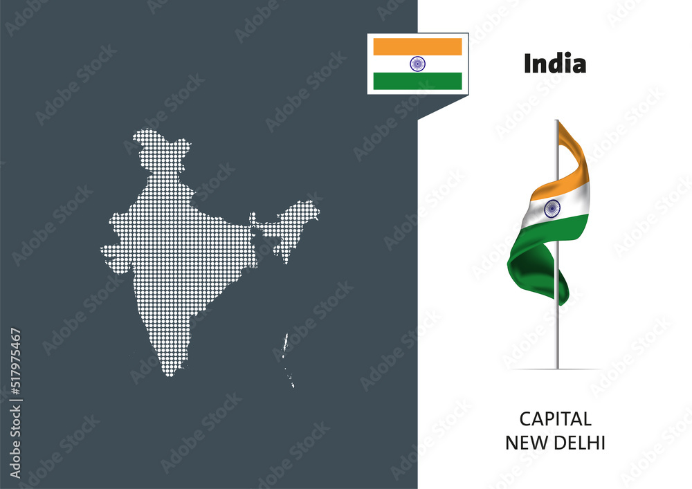 Flag of India on white background. Dotted map of India with Capital ...