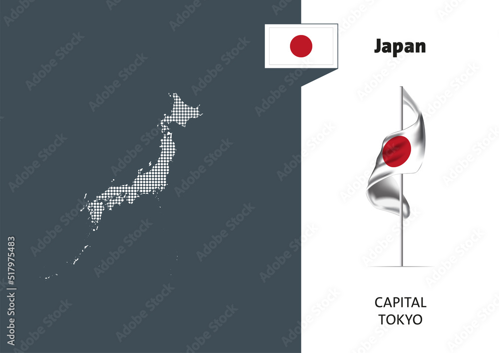 Flag of Japan on white background. Dotted map of Japan with Capital ...