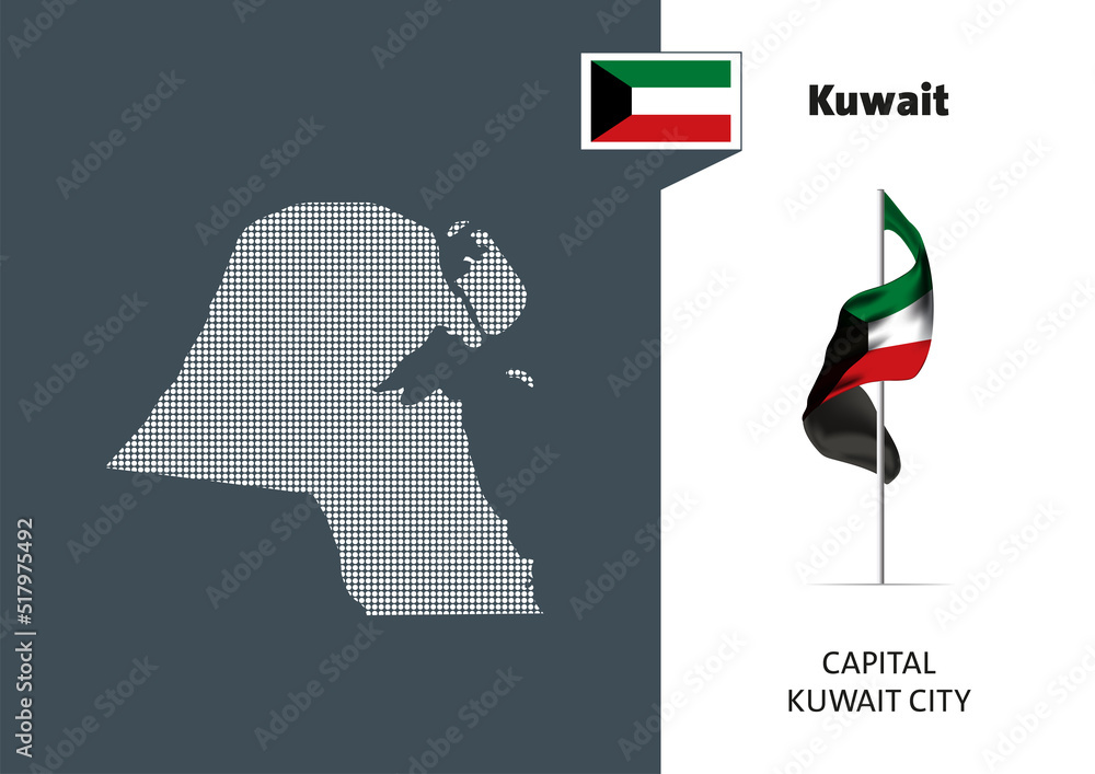 Flag of Kuwait on white background. Dotted map of Kuwait with Capital ...