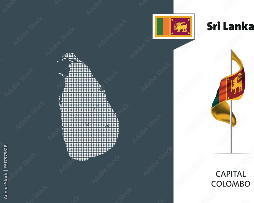 Flag of Sri Lanka on white background. Dotted map of Sri Lanka with ...