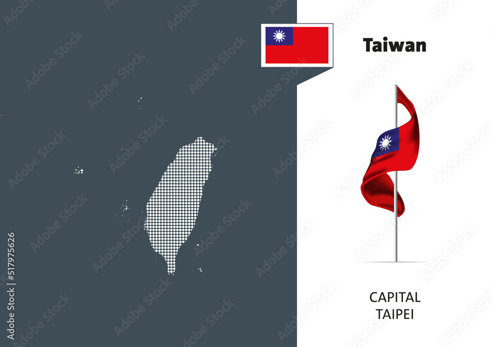 Flag of Taiwan on white background. Dotted map of Taiwan with Capital ...