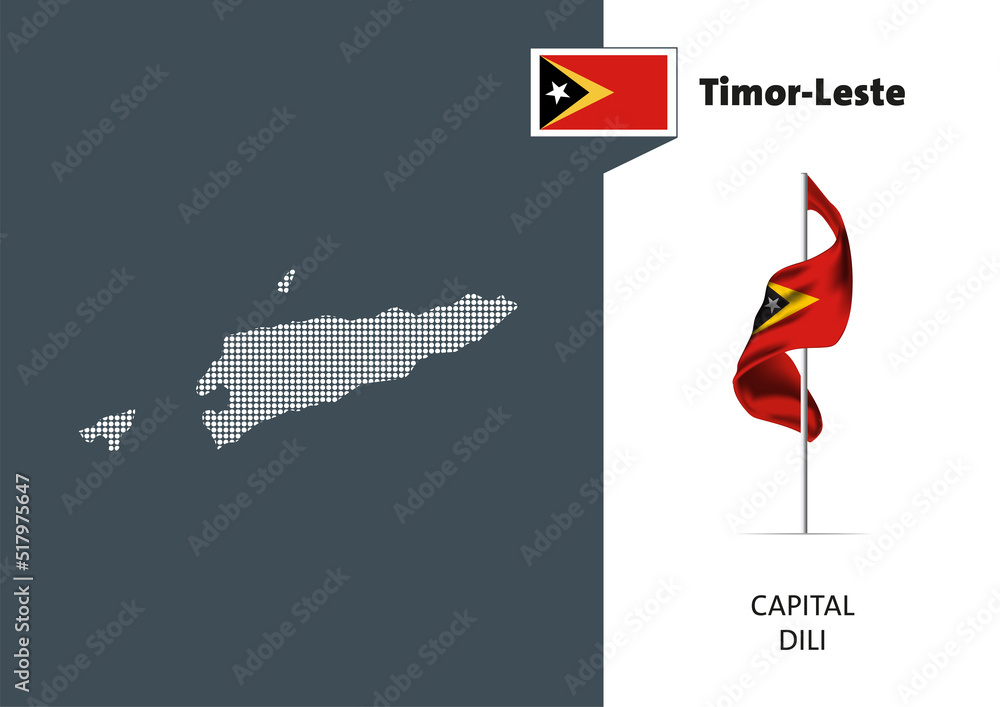 Flag of Timor-Leste on white background. Dotted map of Timor-Leste with ...