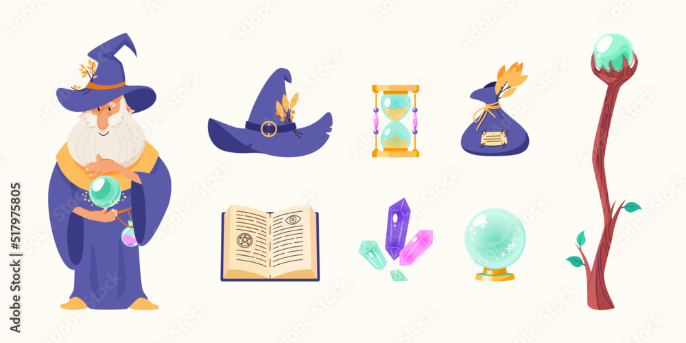 Cartoon magic set. Illustrations of an elderly wizard with crystal ball ...