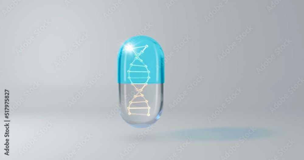 DNA in medical capsule Drug. 3d model of a pill with a DNA molecule ...