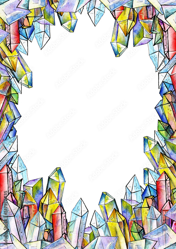 Watercolor gem stones square frame. Hand painted card design with ...