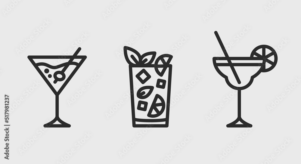 Cocktail icons. Simple outline cocktail icons isolated on grey ...
