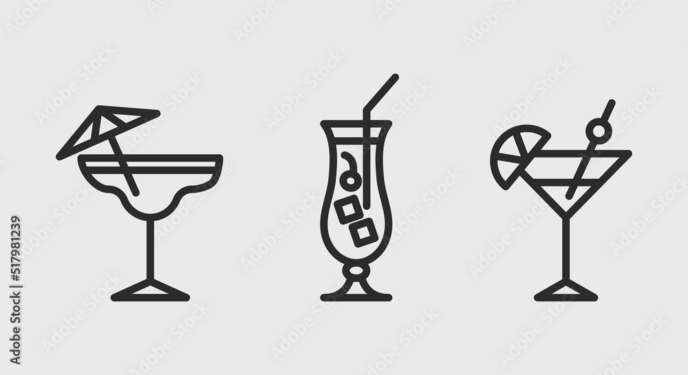 Cocktail icons. Simple outline cocktail icons isolated on grey ...
