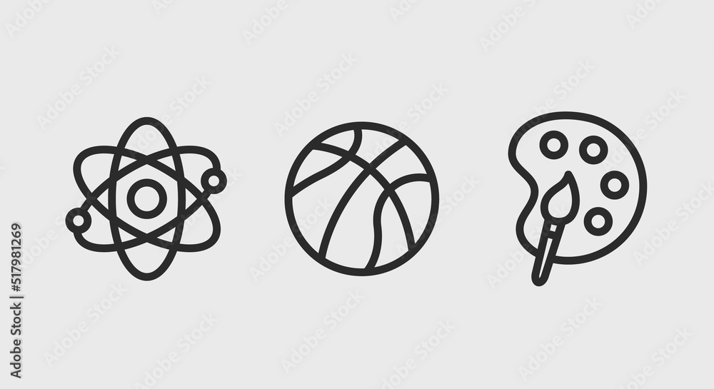 Hobby icons. Atom, basketball ball, brush and palette icons isolated on ...