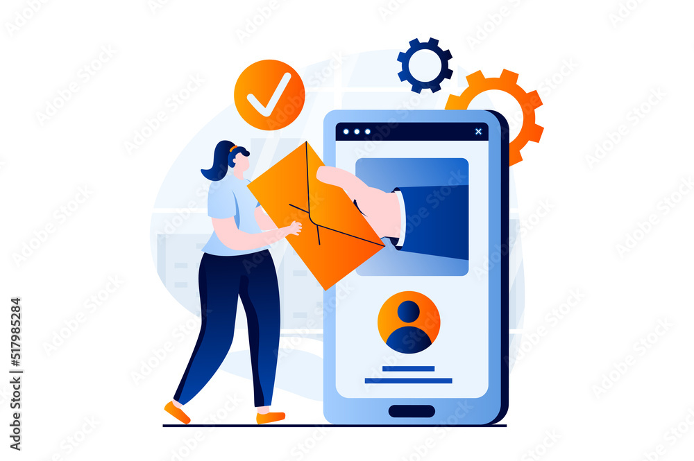 Email service concept with people scene in flat cartoon design. Woman ...