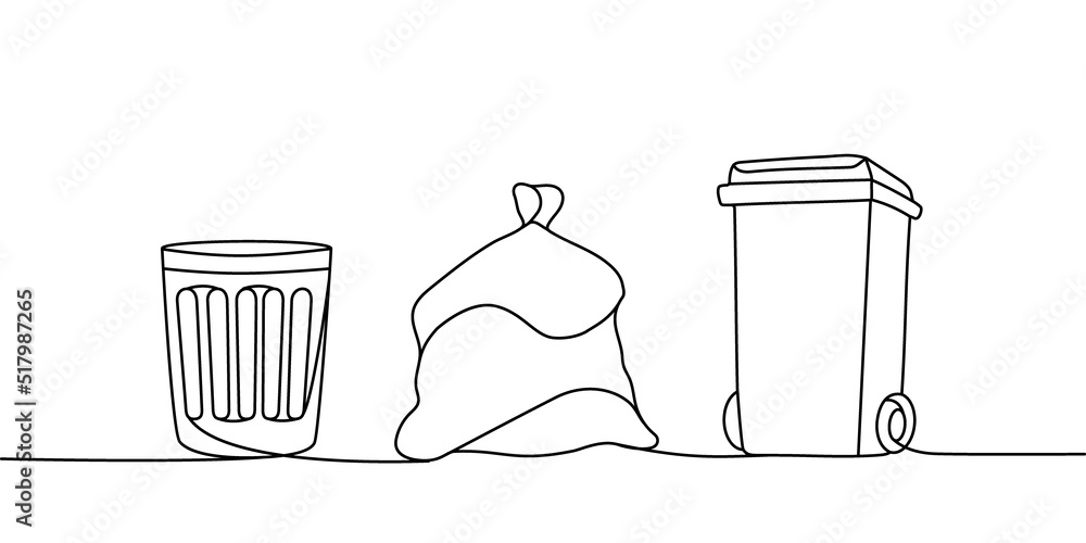 Set of trash one line continuous drawing. Rubbish, garbage, trash can ...