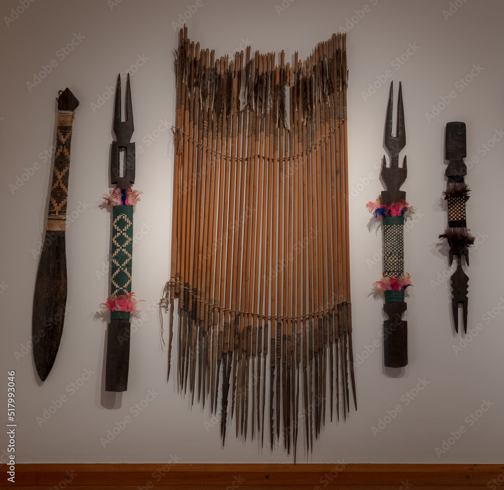 Exhibition of weapons used by a Brazilian indigenous tribe, highlighted ...