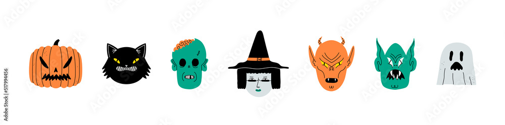 Set of creepy halloween monster face portrait cartoon illustration ...