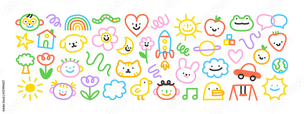 Colorful children cartoon icon collection. Set of funny line doodle ...