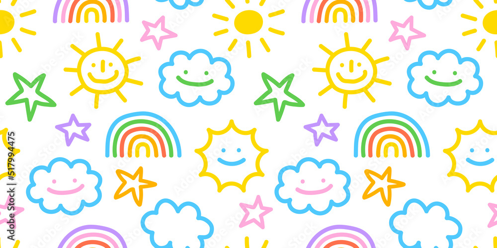 Colorful funny sky doodle seamless pattern. Cute happy clouds in simple ...