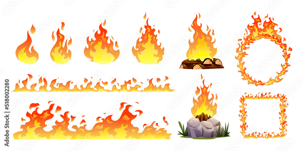 Set of fire flames, burning bonfire, campfire, fireball, heat wildfire ...