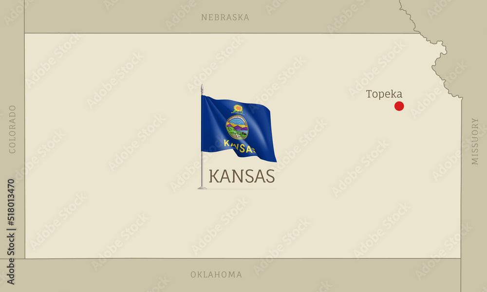 Map of Kansas USA federal state with waving flag. Highly detailed ...