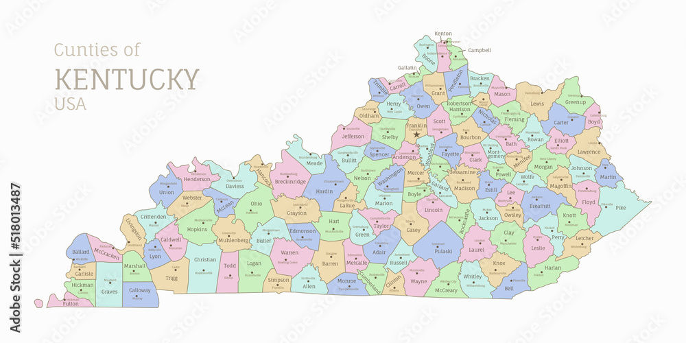 Political color map of Kentucky, USA federal state. Highly detailed map ...