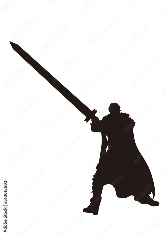 Silhouette of a warrior fighting with a big sword.Knight,Hawk,Swordsman ...