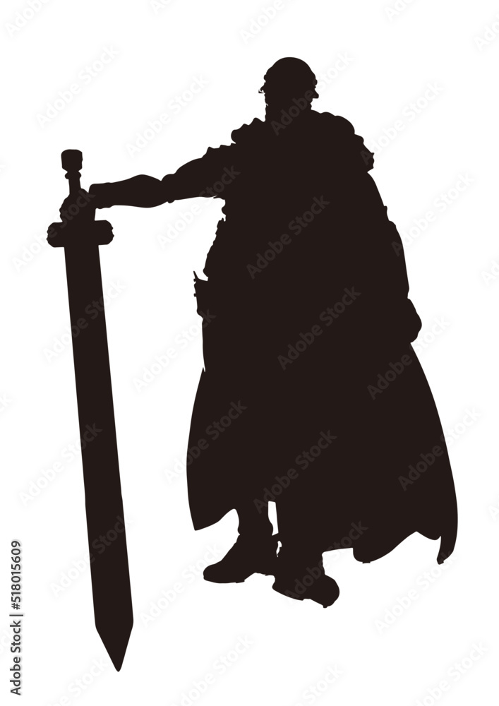 Silhouette of a warrior wearing a cloak fighting with a big sword ...