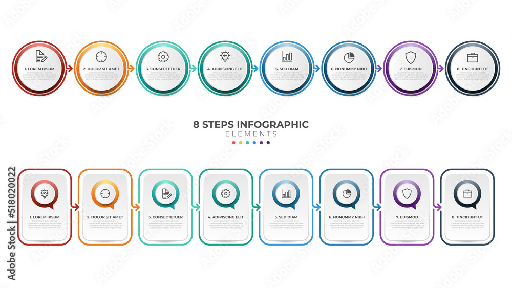 8 list of steps, horizontal sequence with icon and number, infographic element template layout ...