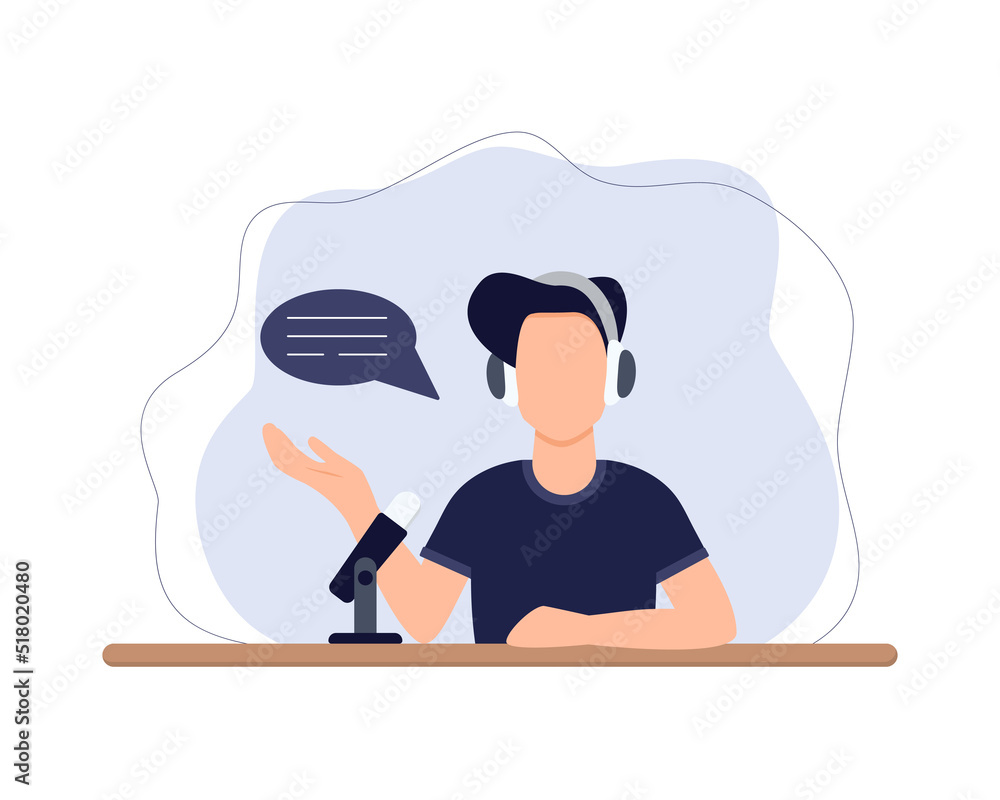 Broadcasting concept. Man talking with the audience. Radio host on the ...