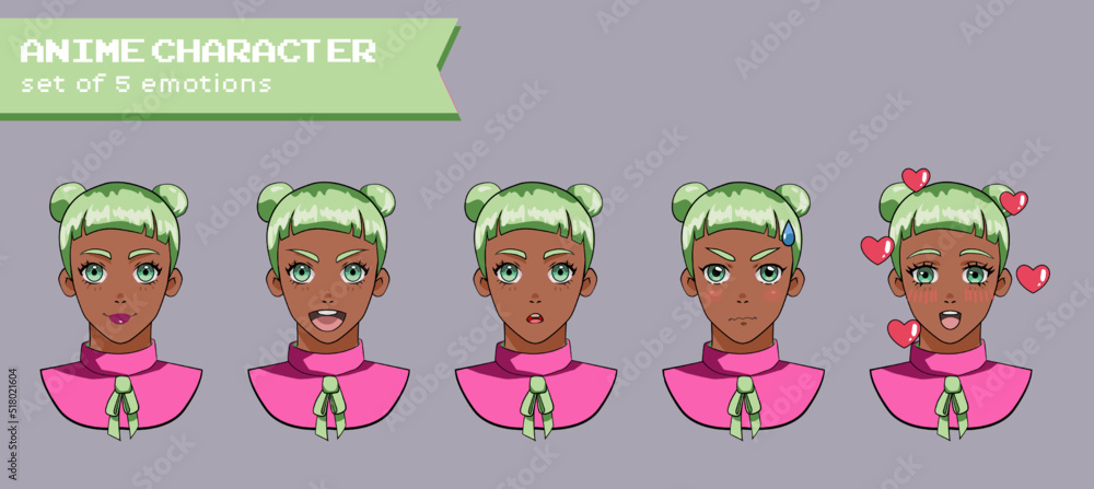 Design of a female anime character showing different expressions and ...