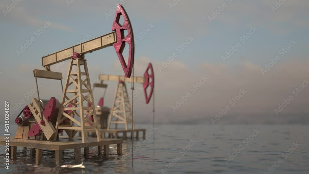 a golden oil pump pumps in an ocean of oil. Realistic 3d model ...