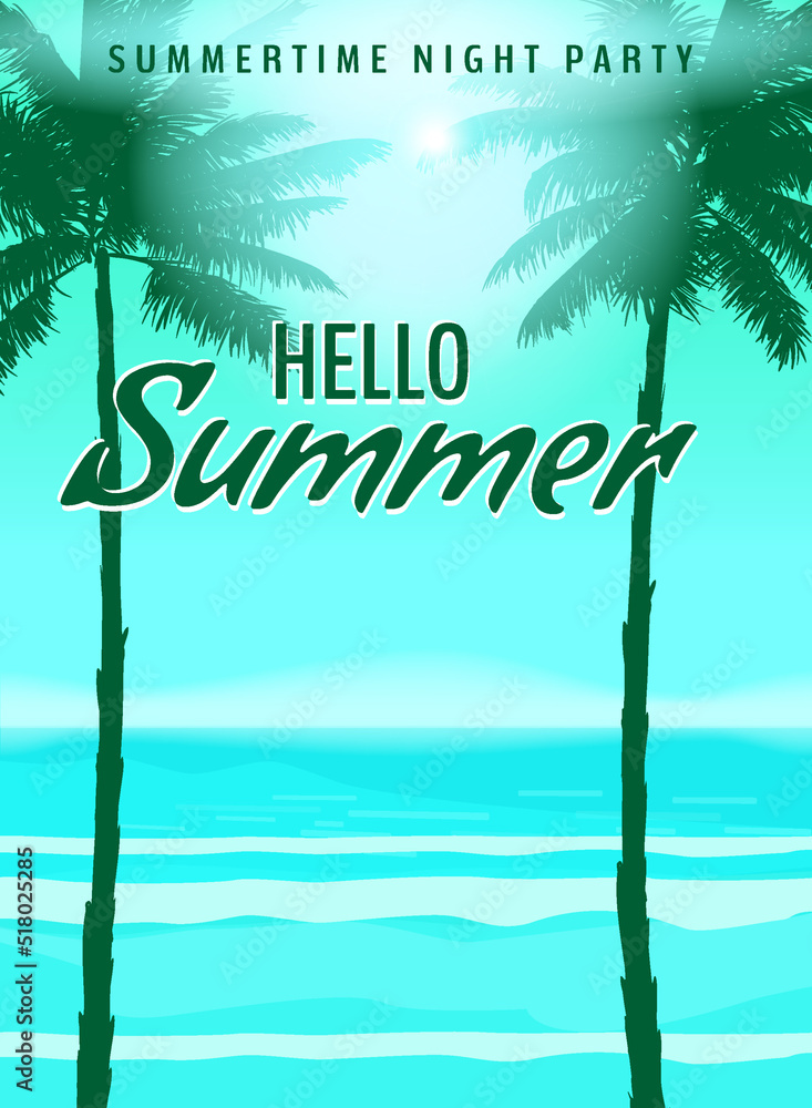 Hello Summer party poster design template, flyer. Summertime beach ...