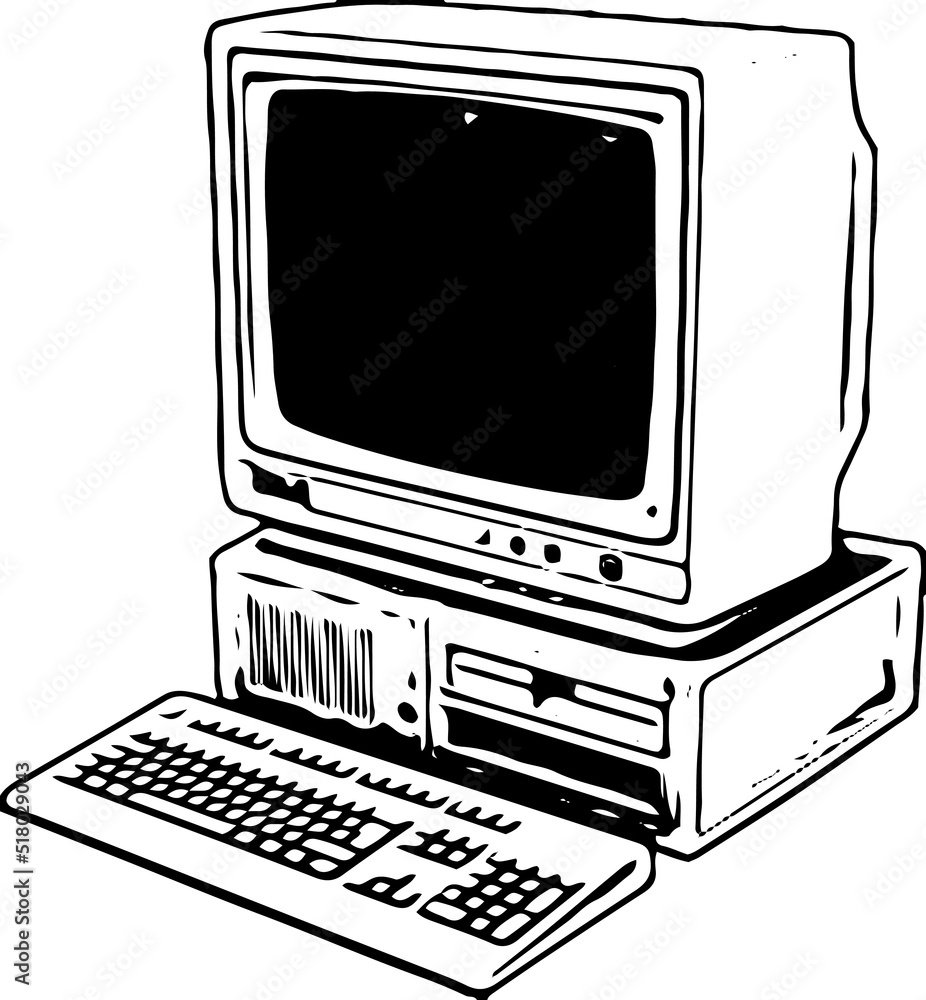 Silhouette of old retro computer, Sketch drawing of vintage model of ...