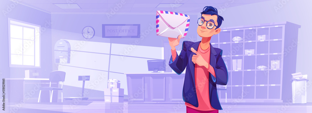 Man show envelope in post office interior with reception desk and ...
