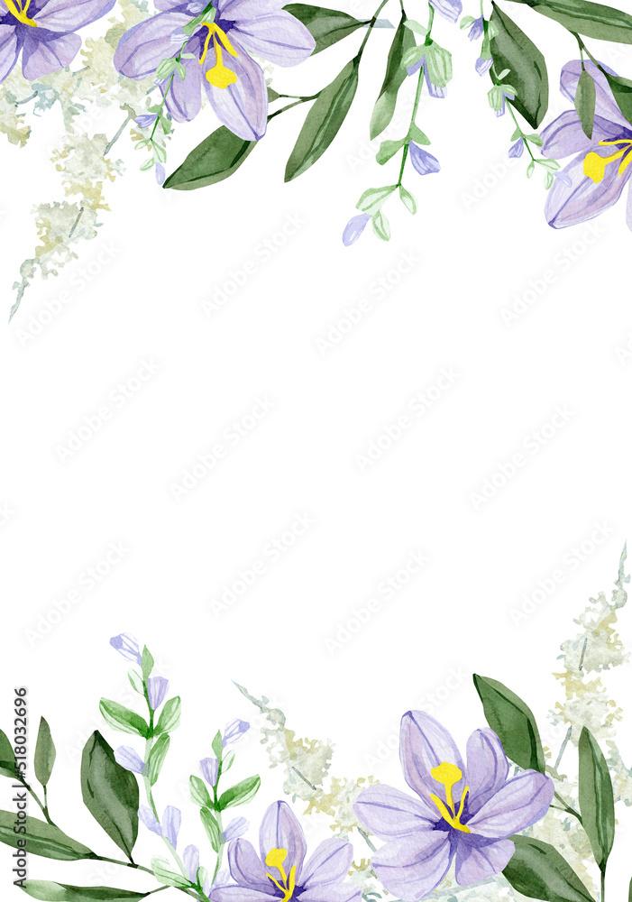 Violet wildflower border watercolor illustration. Hand drawn floral ...