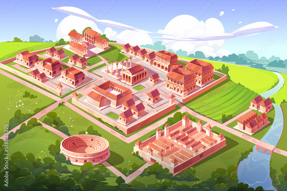 Ancient Rome city, isometric cartoon cityscape with buildings of ...