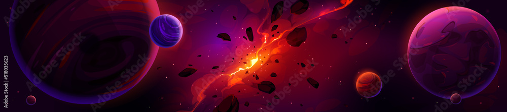 Cartoon red space background with glowing galaxy nebula and flying ...