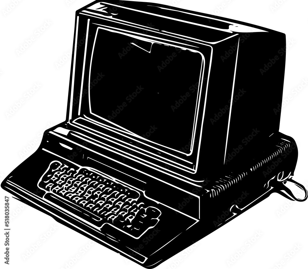 silhouette of old retro computer, sketch drawing of vintage model of ...