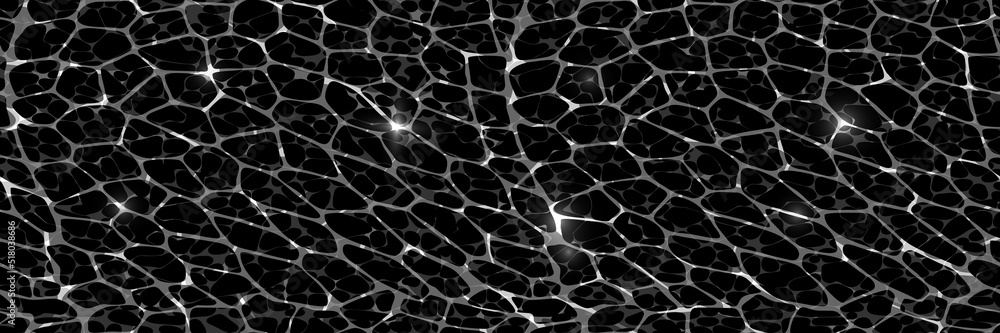 Top view of liquid surface with caustic ripples on black background ...